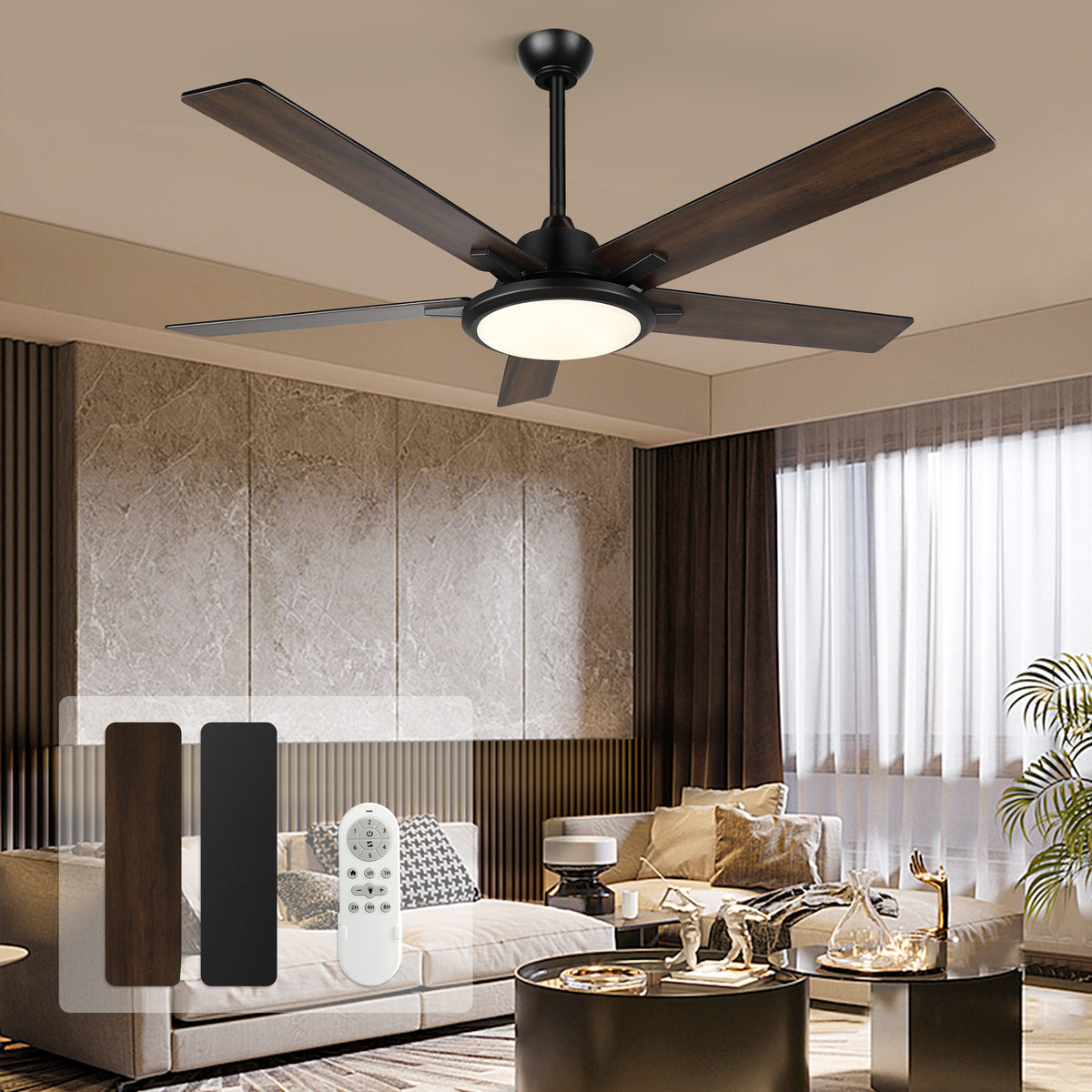 OUTON 52" Modern Ceiling Fan with Lights and Remote Control, Dimmable