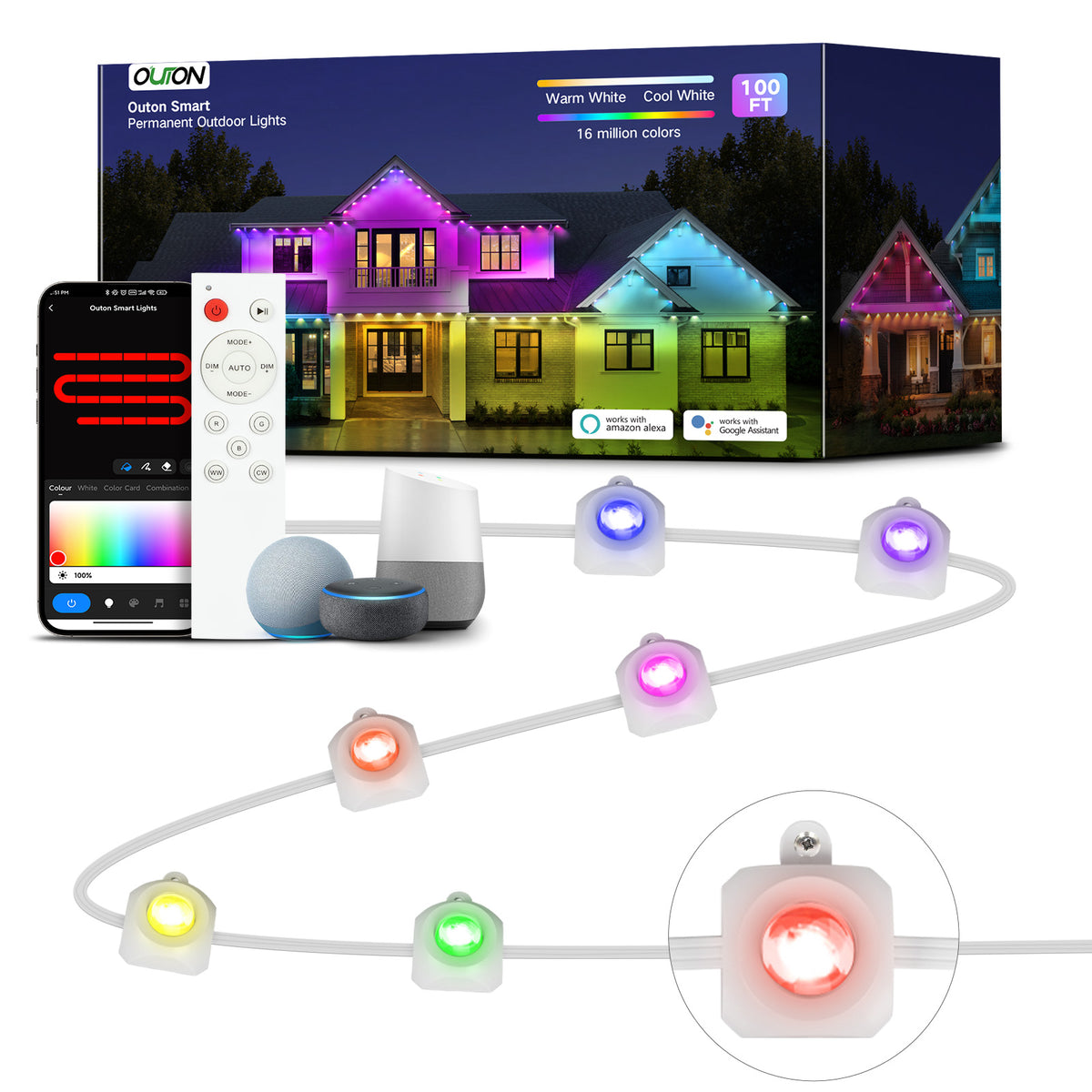 OUTON 100ft LED Strip Lights, APP and Remote Control, Smart RGBIC with