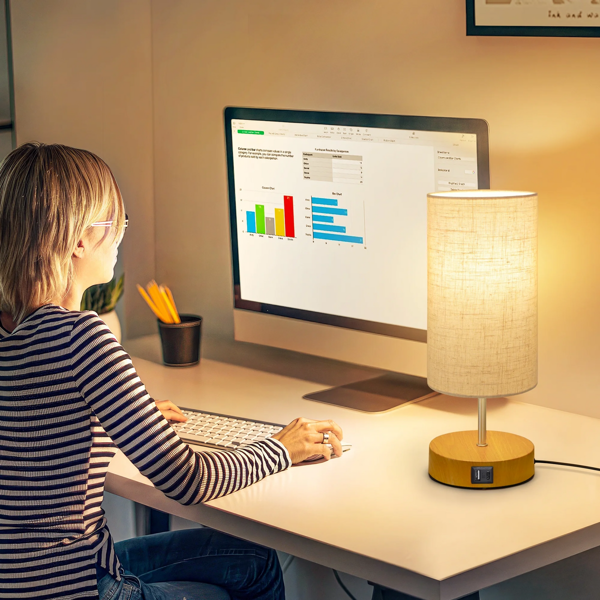 OUTON Table Lamp Set of 2, USB and Type C Ports, Buckwheat Colored Lam