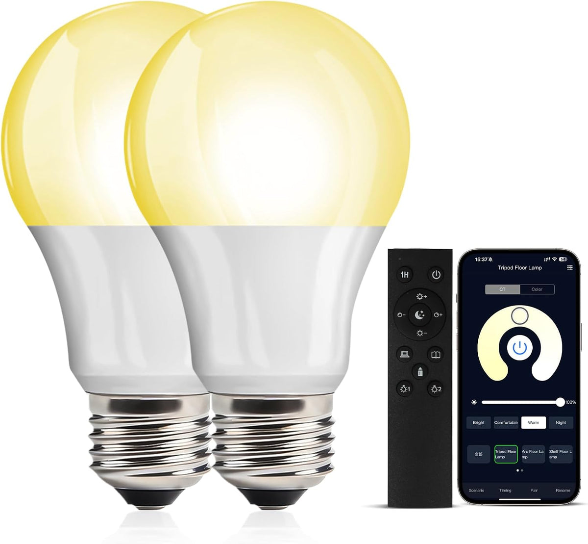 OUTON 2 Pack A19 9W LED Dimmable Light Bulb with APP & Remote Control,