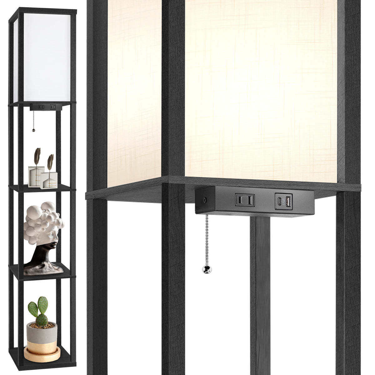 OUTON Floor Lamp with Shelves, Dimmable Standing Lamp with USB & Type