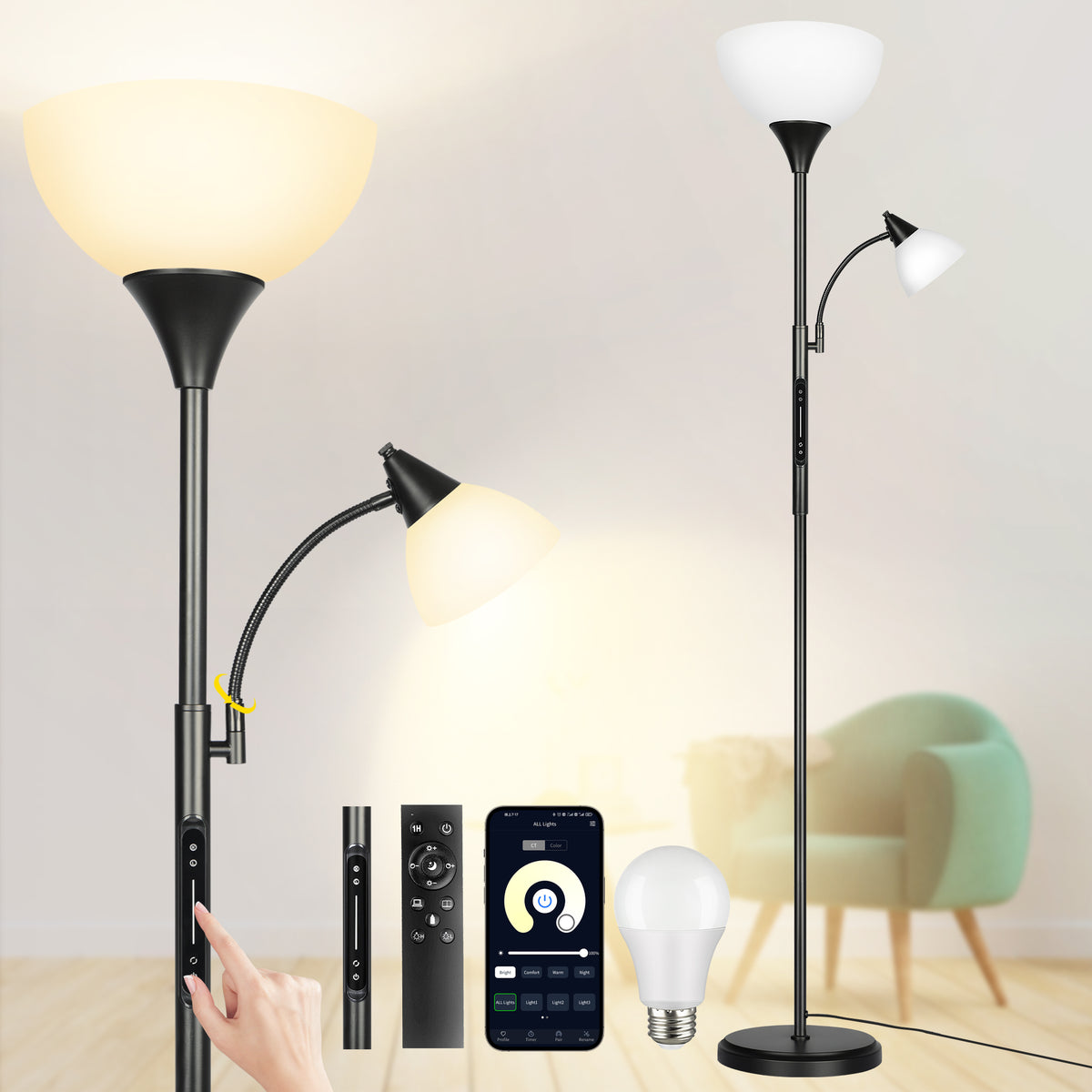 OUTON Torchiere Floor Lamp with Reading Light, Dimmable Standing Lamp