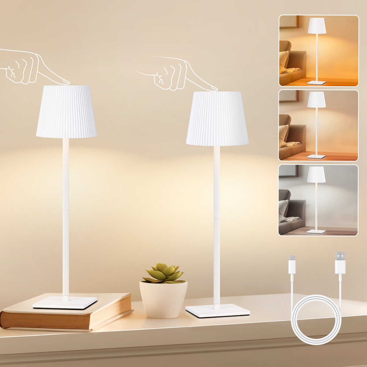 OUTON Cordless Table Lamps Set of 2, 3 Color Temperatures Nightstand L