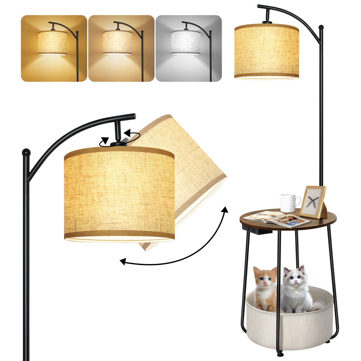 OUTON Floor Lamp with Table, End Table with Lamp for Living Room with