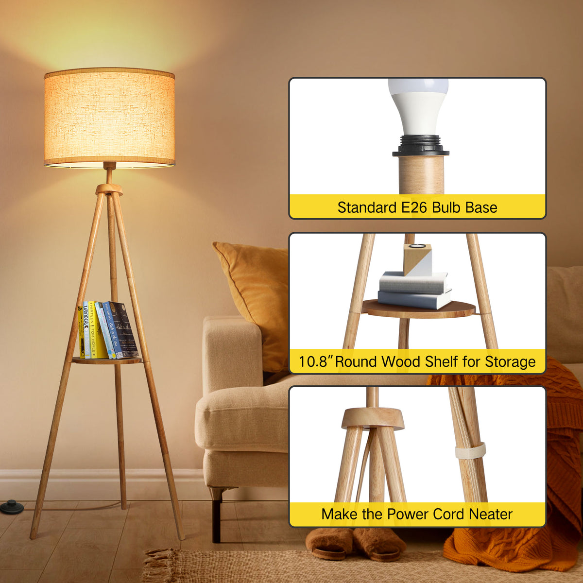 OUTON 63" Wood Tripod Floor Lamp with Shelves, Dimmable Standing Lamps