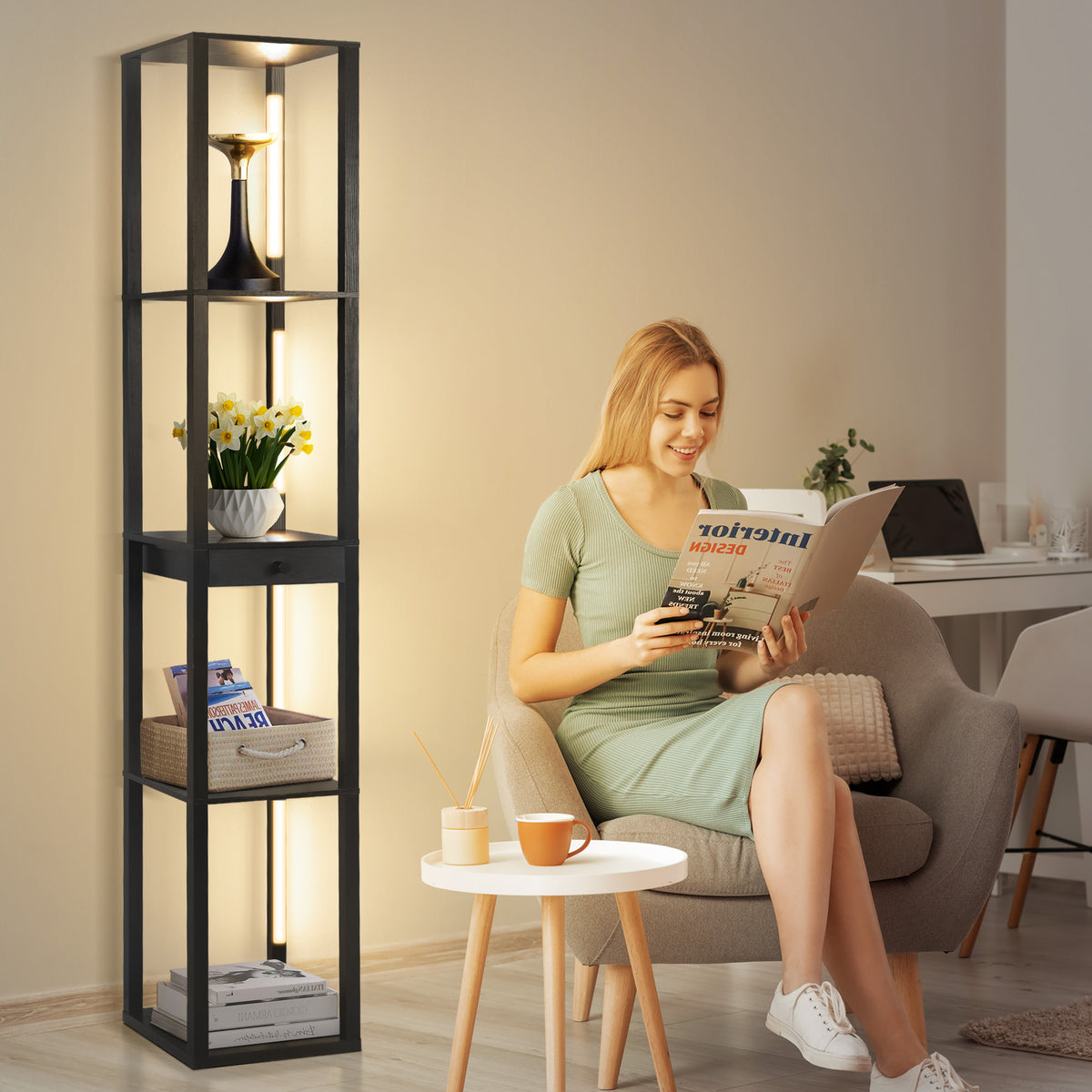 OUTON Floor Lamp with Shelves, Standing Lamp with Drawer, Rotatable Ad