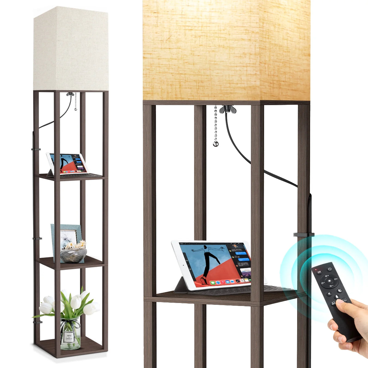 OUTON Floor Lamp with Shelves, 3 Color Temperature with Linenshade, Di