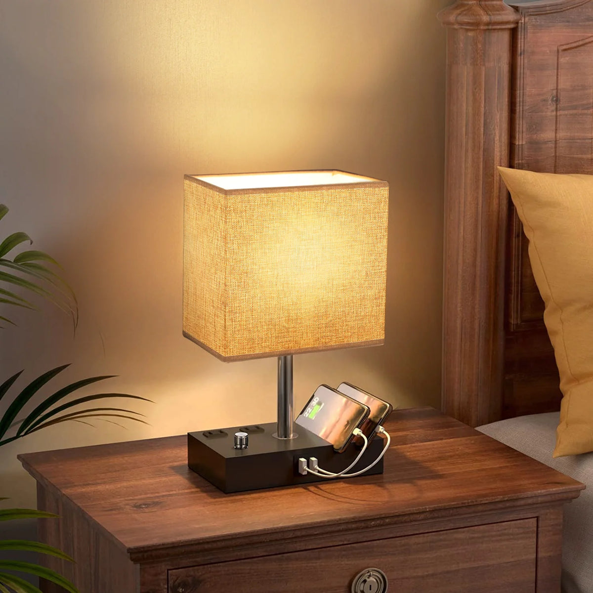 OUTON Bedside Table Lamp, Nightstand Lamp with USB Charging Ports, 3 W