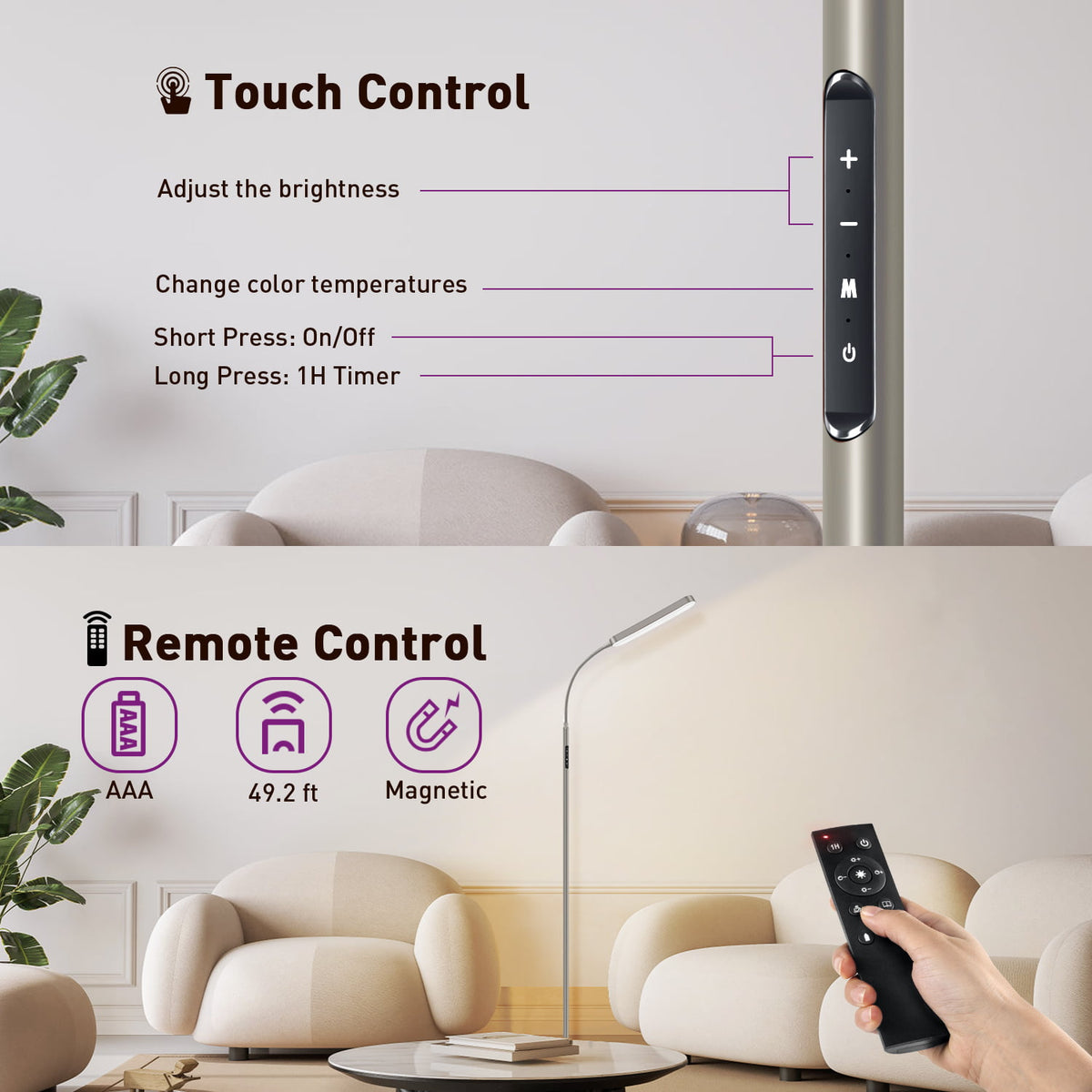 OUTON 15W LED Reading Floor Lamp with Remote & Touch Control-4 Color T